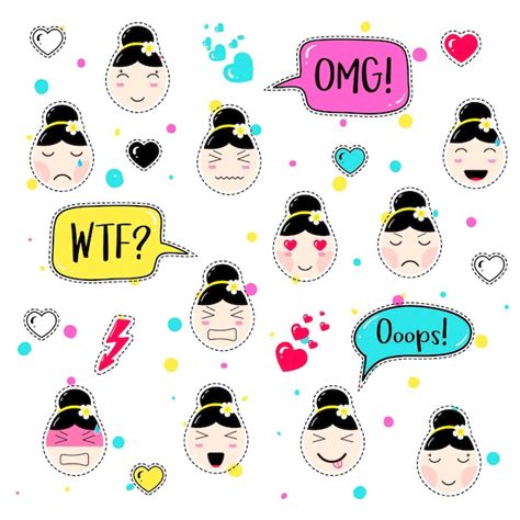 귀여운 패치 배지 세트입니다 다른 감정과 헤어스타일을 가진 소녀 이모티콘 Kawaii 이모티콘 말풍선 Omg Wtf