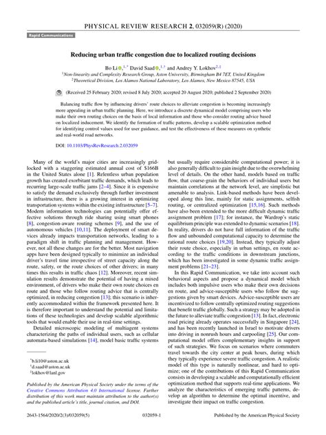 Pdf Reducing Urban Traffic Congestion Due To Localized Routing Decisions