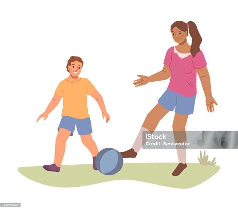 잔디밭에서 공을 가지고 노는 아이들 소년과 소녀 야외에서 공원에서 노는 벡터 아이 평면 만화 캐릭터 벡터 일러스트 레이 션 행복한 어린 시절 공과 함께하는 스포츠 활동