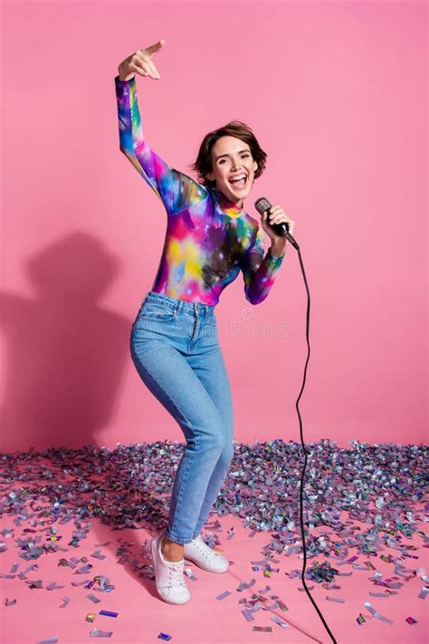 Full Body Portrait Of Pretty Girl Have Fun Sing Mic Wear Pullover On
