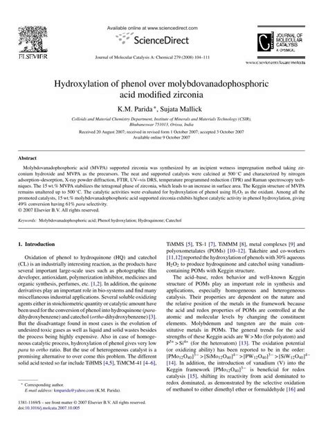Pdf Hydroxylation Of Phenol Over Molybdovanadophosphoric Acid