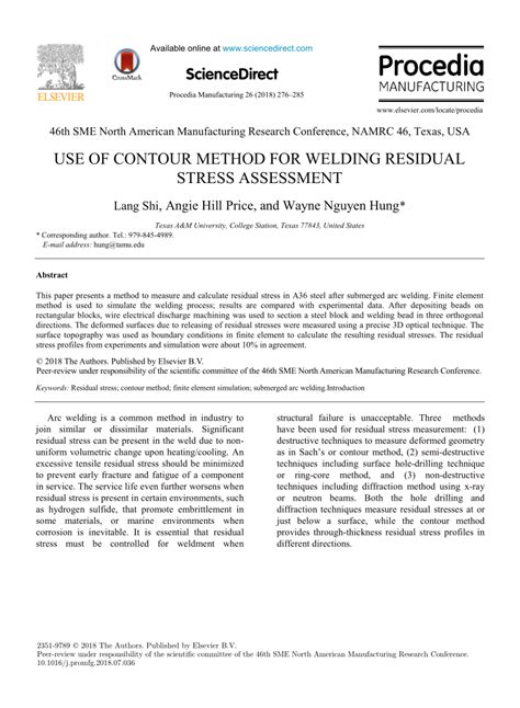 Pdf Use Of Contour Method For Welding Residual Stress Assessment