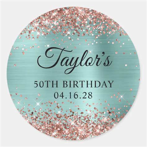 Rose Gold Glitter Pale Turquoise 50th Birthday Classic Round Sticker