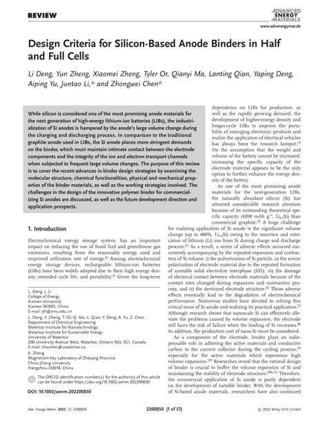 Design Criteria For Silicon‐based Anode Binders In Half And Full Cells Request Pdf