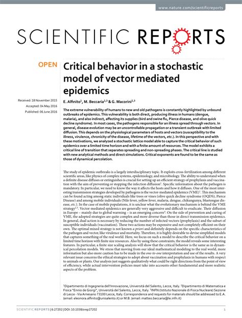 Pdf Critical Behavior In A Stochastic Model Of Vector Mediated Epidemics