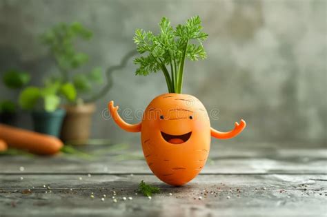A Carrot With A Happy Face And Arms Outstretched In Front Of A Plant