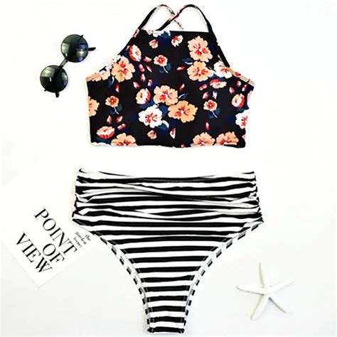 New Floral Print Vintage Bikinis Women Retro High Neck Swimwear Strappy