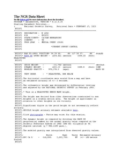 The Ngs Data Sheet Ev2572 Pdf Geophysics Geodesy