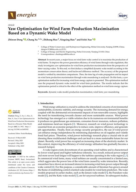 Pdf Yaw Optimisation For Wind Farm Production Maximisation Based On A Dynamic Wake Model