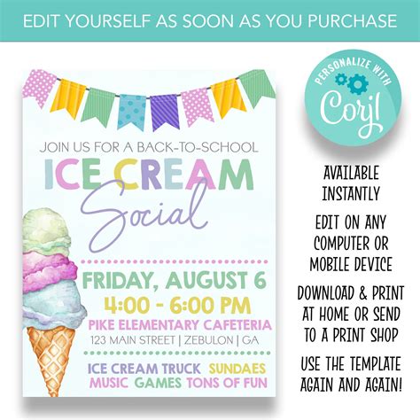 Editable Ice Cream Social Flyer Back To School Ice Cream Etsy