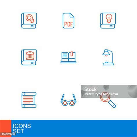세트 라인 돋보기 안경 법령 양피지 스크롤 테이블 램프 법률 책 열기 사용 설명서 및 Pdf 파일 문서 아이콘 벡터 가구에 대한 스톡 벡터 아트 및 기타 이미지 Istock