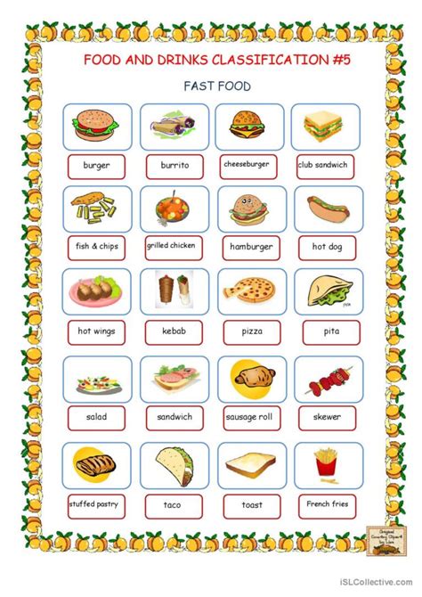 Food And Drinks Classification 5 Fas English Esl Worksheets Pdf And Doc