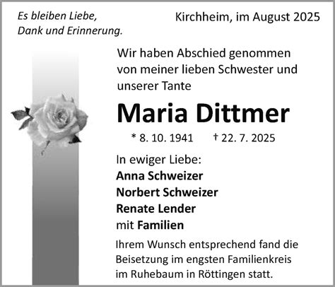 Traueranzeigen Von Maria Dittmer Ostalbtrauer