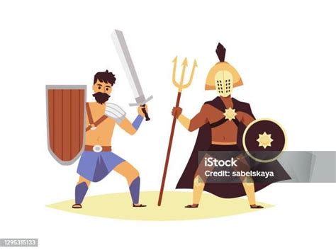 로마 검투사 싸움 역사적인 전사 의상 싸움에서 두 남자 전사 사람의 역할에 대한 스톡 벡터 아트 및 기타 이미지 전사 사람의 역할 창 2명 Istock