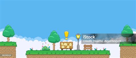 다채로운 간단한 벡터 픽셀 아트 가로 그림 만화 퀘스트 게시판 레트로 비디오 게임 플랫포머 레벨 스타일의 거리 등불 근처 섬에 0명에 대한 스톡 벡터 아트 및 기타 이미지