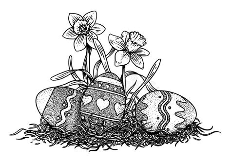 Easter Eggs In Grass Illustration Drawing Engraving Stock Vector
