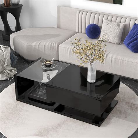 Modern Coffee Table With Tempered Glass Wooden Cocktail