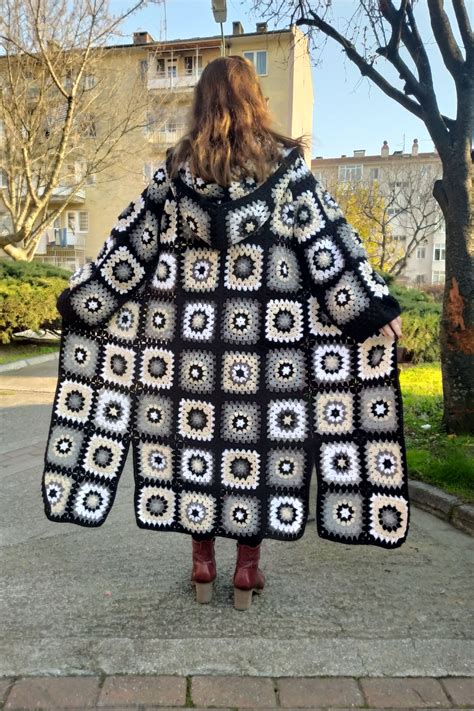 Granny Square Afghan Cardigan Hooded Cotton Jacket Crochet Retro