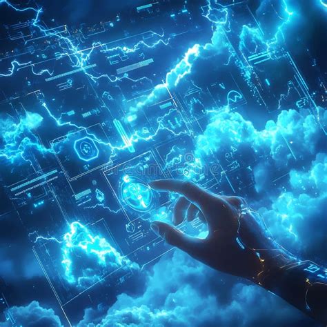 Hand Navigating Glowing Digital Weather Interface In Stormy Sky With Electric Lightning Stock