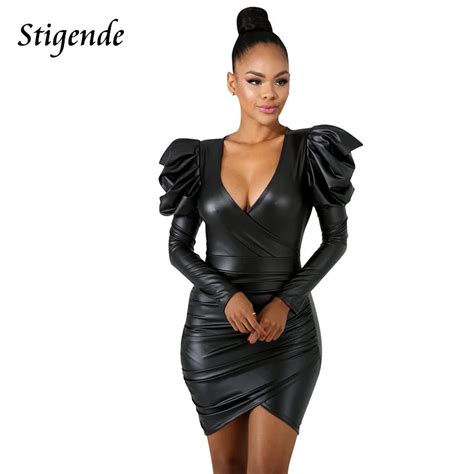 Stigende Long Sleeve Black Faux Leather Dress Women Sexy Slim Bodycon