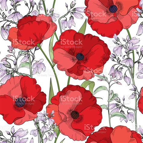 플로럴 매끄러운 패턴 꽃 양귀비 눈 방울 배경 봄의 번영정원 양귀비 식물에 대한 스톡 벡터 아트 및 기타 이미지 양귀비 식물 수채화 패턴 Istock