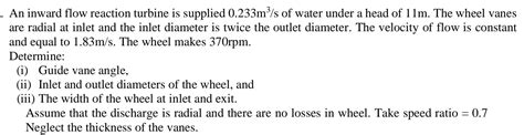 Solved An Inward Flow Reaction Turbine Is Supplied 0 233 Chegg
