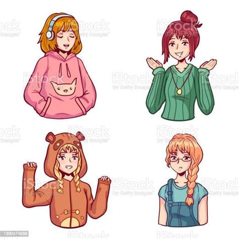 애니메이션 소녀 캐릭터 키트 일본식 귀여운 캐주얼 한 옷을 입은 다른 만화 여성 십대 감정에 대한 스톡 벡터 아트 및 기타