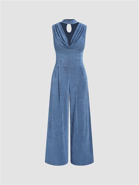 Solid Cowl Neck Pleated Jumpsuit For Holiday
