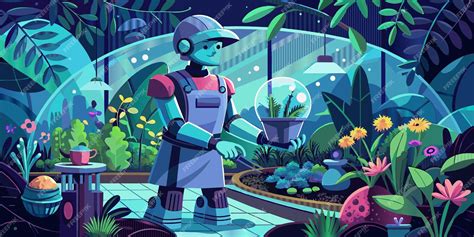 Premium Vector A Cartoon Of A Robot With Headphones And A Pot Of Flowers