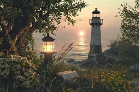 Reading At A Lighthouse Premium Ai Generated Image