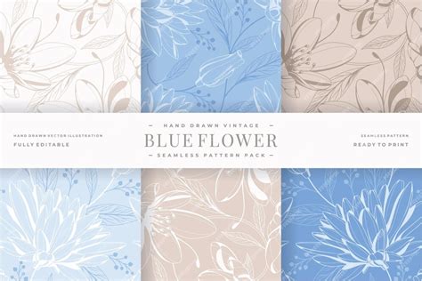 Premium Vector Hand Drawn Blue Flower Seamless Pattern Pack
