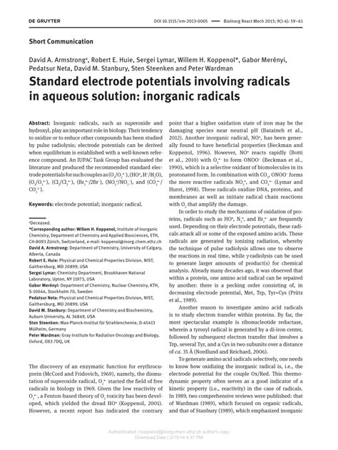 Pdf Standard Electrode Potentials Involving Radicals In Aqueous Solution Inorganic Radicals