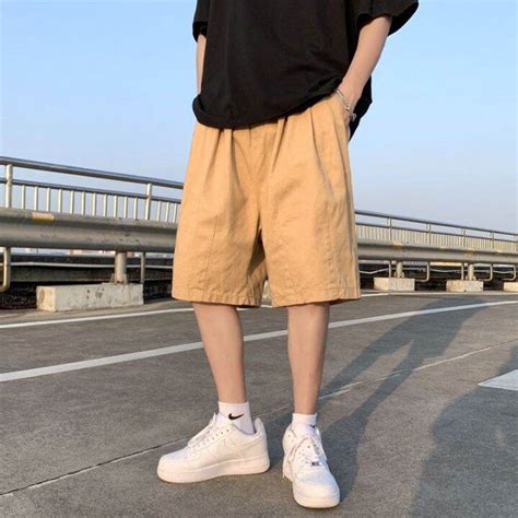 Huie Mall กางเกงขาสั้น ขาห้าส่วนลําลอง ทรงหลวม สีกากี แบบเรียบง่าย