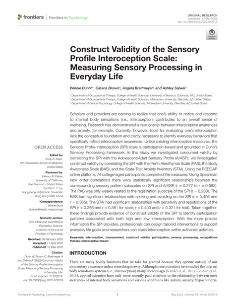Pdf Construct Validity Of The Sensory Profile Interoception Scale
