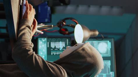 Vertical Video Masked Data Thief Hacking Computer Network At Night