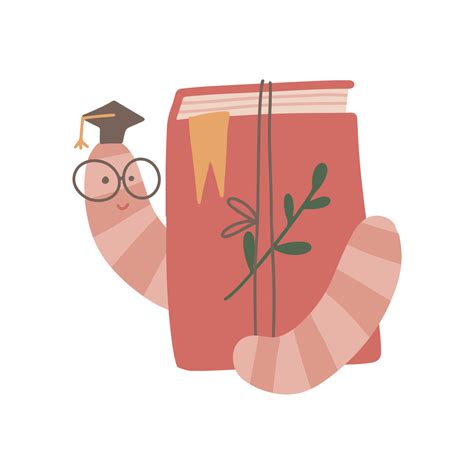 Decorated Book And Funny Bookworm In Small Graduation Cap Flat Hand
