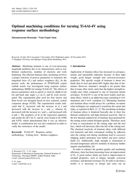 Pdf Optimal Machining Conditions For Turning Ti 6al 4v Using Response Surface Methodology