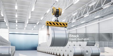 제조 또는 생산 공정에서 롤 스틸 및 오버 헤드 크레인의 3d 렌더링 3차원 형태에 대한 스톡 사진 및 기타 이미지 3차원 형태 Gantry Crane