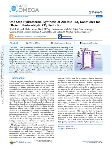 Pdf One Step Hydrothermal Synthesis Of Anatase Tio 2 Nanotubes For Efficient Photocatalytic Co
