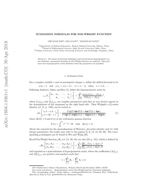 Pdf Summation Formulas For Fox Wright Function