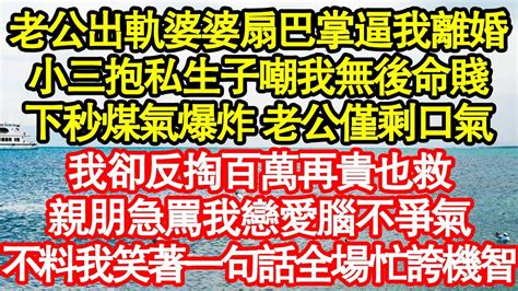 老公出軌婆婆扇巴掌逼我離婚，小三抱私生子嘲我無後命賤，下秒煤氣爆炸 老公僅剩口氣，我卻反掏百萬再貴也救，親朋急罵我戀愛腦不爭氣，不料我笑著