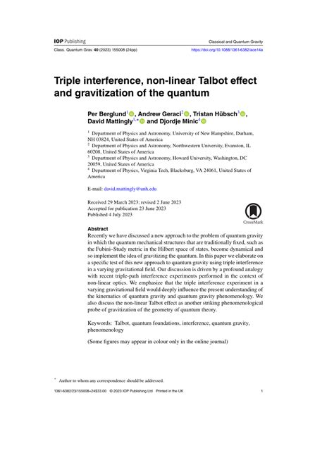 Triple Interference Non Linear Talbot Eﬀect And Gravitization Of The Quantum Request Pdf