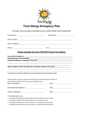 Fillable Online Food Allergy Emergency Plan This Plan Must Be Signed