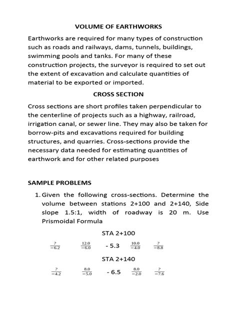 Sample Problems Earthwork Volume Pdf Civil Engineering