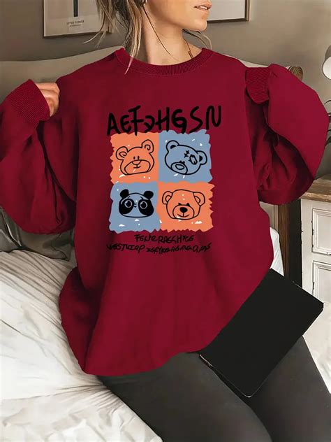 Cartoon Letter Print Sweatshirt Plus Size Casual Long Sleeve Temu