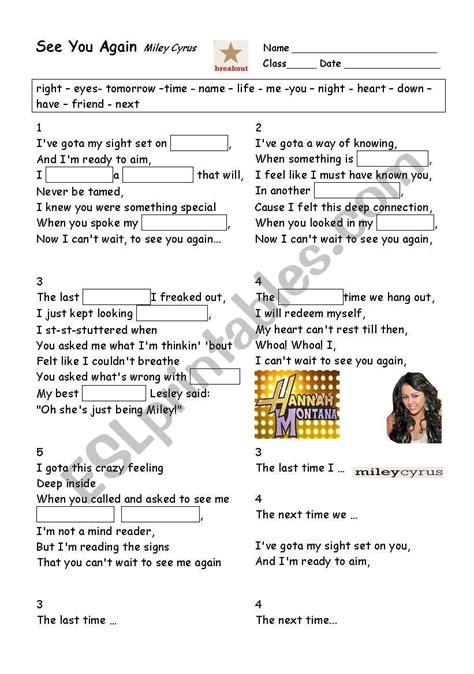 SONG See You Again By Miley Cyrus ESL Worksheet By Vmartin