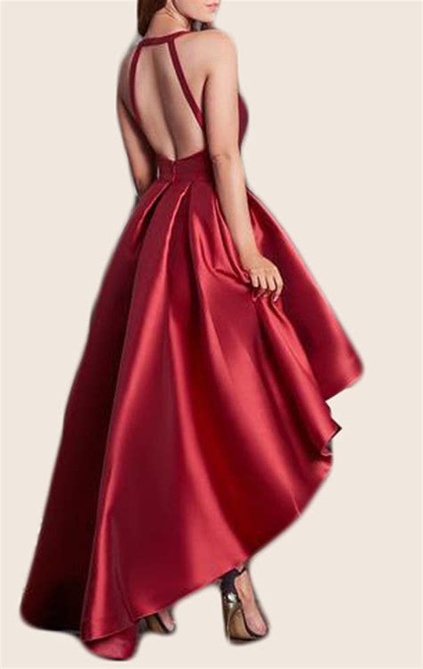 Macloth Straps V Neck High Low Prom Dress Red Formal Party Gown