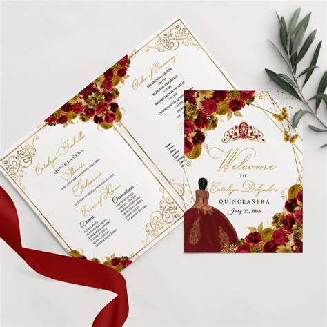 Editable Program Template Red And Gold Floral Quinceanera Program Mis