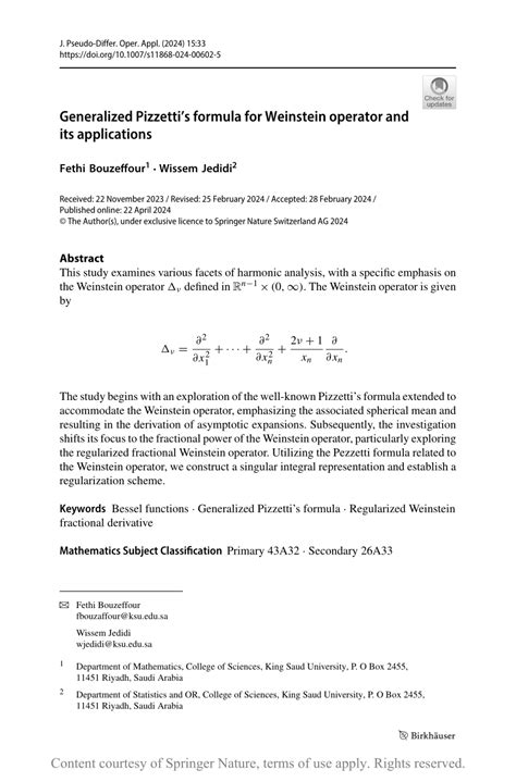 Generalized Pizzettis Formula For Weinstein Operator And Its Applications Request Pdf