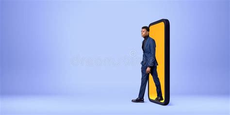 Businessman Stepping Out Of A Giant Smartphone Minimalist Graph Stock